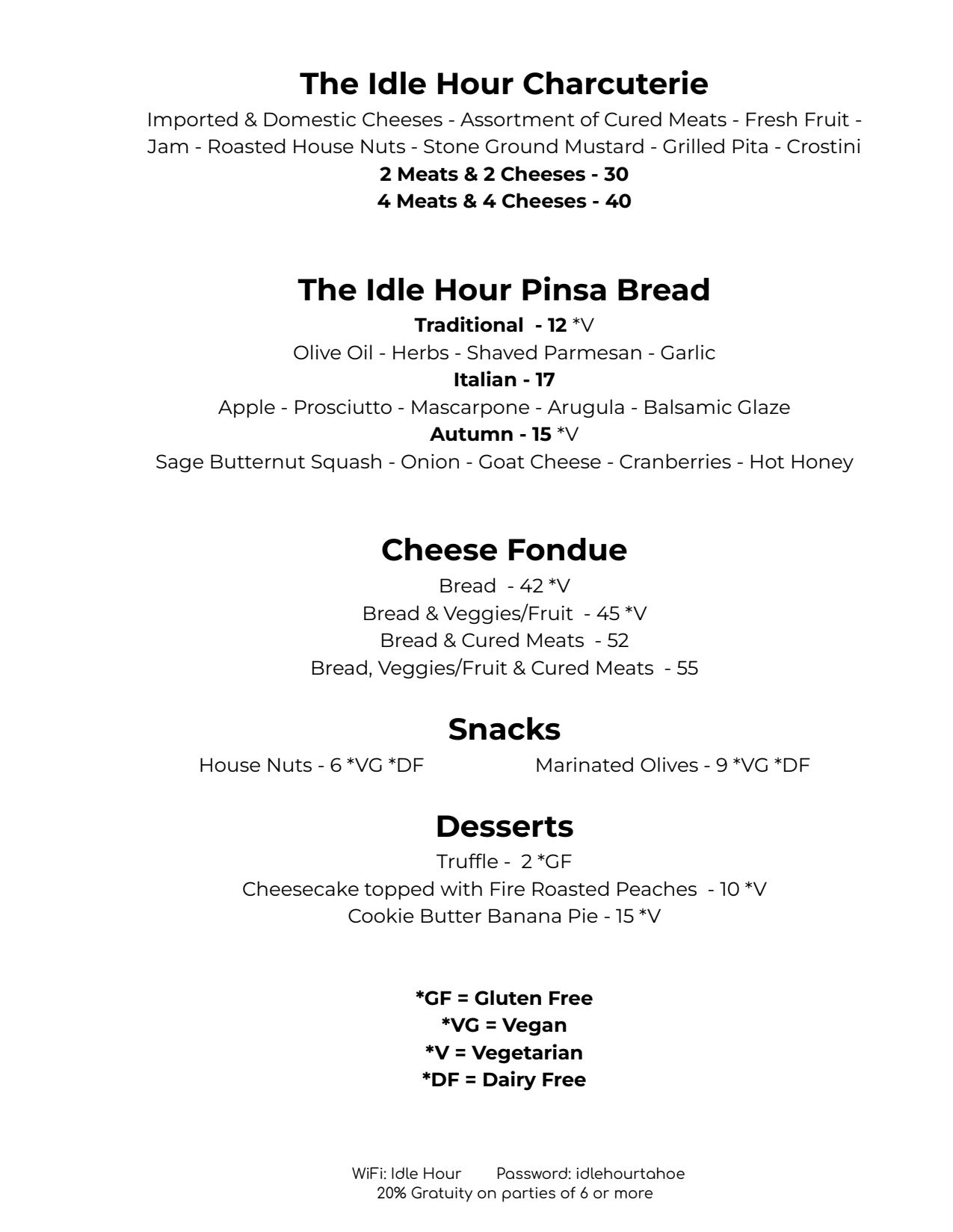Current Menu - The Idle Hour Lakefront Wine Bar